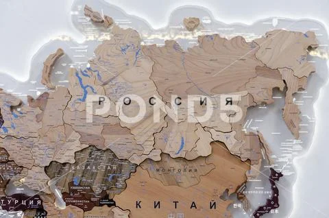 Wooden map of Russia and neighboring countries, names of countries in ...