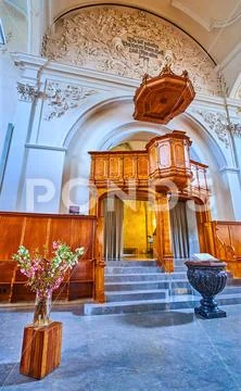 The wooden pulpit and the Altar of St. Peter Church, on April 3 in ...