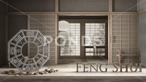 Wooden vintage table shelf with ba gua and 3d letters making the word ...