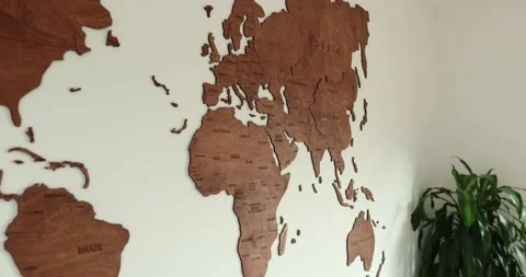 Wooden world map pan full view in modern... | Stock Video | Pond5