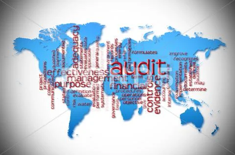 Word Cloud of audit with world map background: Graphic #51663369