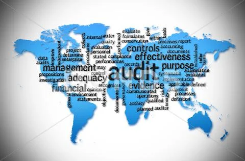 Word Cloud of audit with world map background: Graphic #51663401
