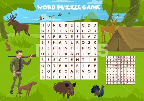 Word search puzzle game, hunting sport and animals: Royalty Free #246770450