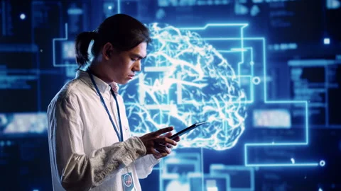 Worker doing AI human brain simulation | Stock Video | Pond5