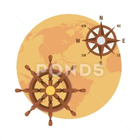 World earth map with compass guide and ship wheel: Graphic #139849157