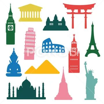 World famous landmarks vector set. Travel destinations icons ...
