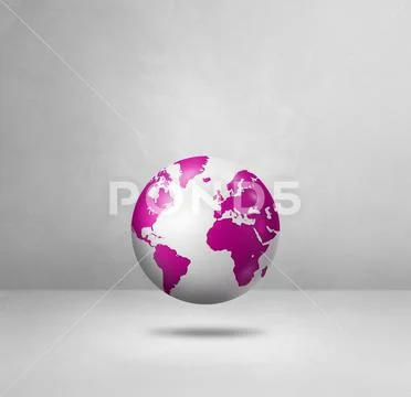 World globe, pink earth map, isolated on white. Square background ...