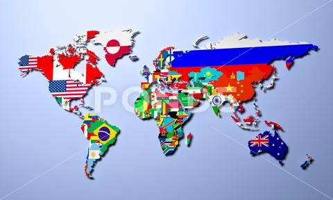 The world map with all states and their flags 3d render: Royalty Free ...