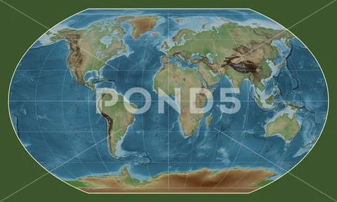 World map. Colored elevation. Kavrayskiy VII projection. Meridian: 0 ...