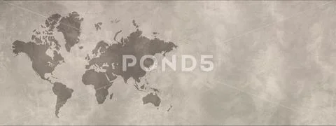 World map on concrete wall background. Horizontal banner Illustration ...