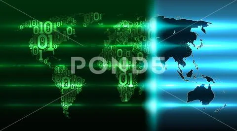 World map with continents from a binary code, background abstract circuit board Illustration ...