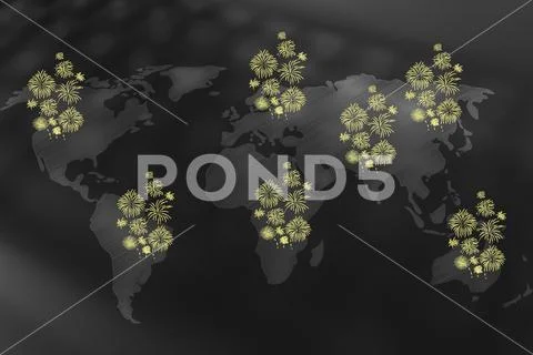 World map with fireworks exploding in different locations: Graphic ...