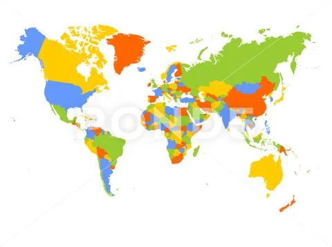 World map in four colors on white background. Blank high detail ...