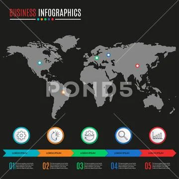 World map infographics template with 5 arrows and map pointers. 5 steps, options: Royalty Free ...