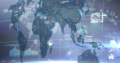 World map interface opening with grid li... | Stock Video | Pond5