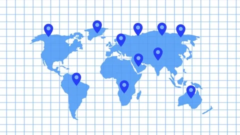 World Map with Location Markers on Grid ... | Stock Video | Pond5