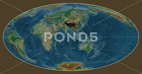 World map. Physical. Aitoff projection. Meridian: 90 east Illustration ...