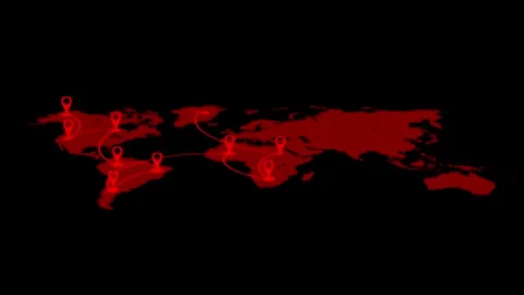 world map with red directions and black ... | Stock Video | Pond5