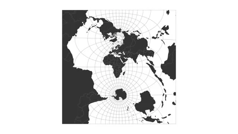 World map. Transverse spherical Mercator... | Stock Video | Pond5
