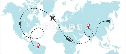 World map whit dashed trace line and airplanes flying, bus driving, and ...