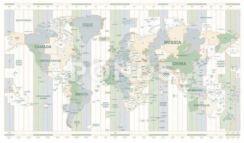 World Time Zones Map. Detailed World Map with Countries Names. ~ Clip ...