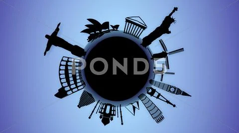 Worlds famous landmarks icons on globe and blue background Illustration ...