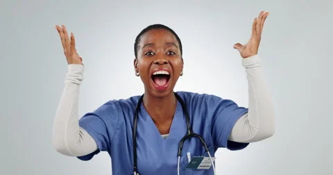 Wow, excited nurse and black woman, winn... | Stock Video | Pond5