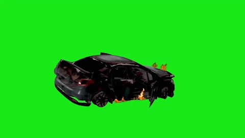 Wreaked car on fire green screen | Stock Video | Pond5