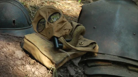 WW1 Allied Gas Mask, French Helmet & Arm... | Stock Video | Pond5