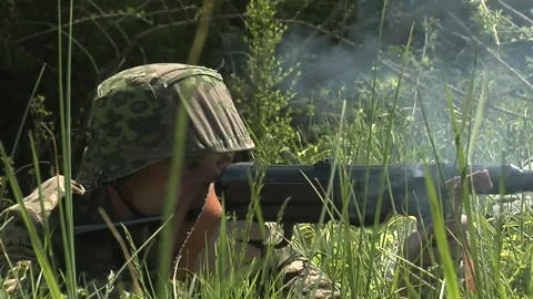 WW2 German Soldier fire MP40 machine gun... | Stock Video | Pond5