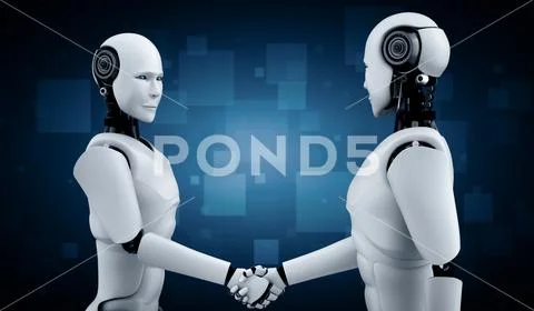 XAI 3D rendering humanoid robot handshake to collaborate future technology: Graphic #272167945