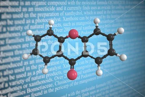 Xanthone scientific molecular model, 3D rendering: Royalty Free #171056402