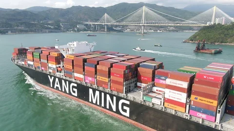 Yang Ming mega Container ship leaving Ho... | Stock Video | Pond5