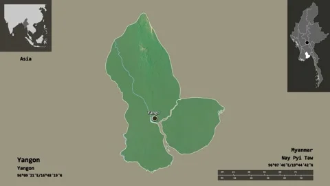 Yangon location. Myanmar. Relief map | Stock Video | Pond5