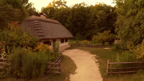 Yard with medieval houses. Ancient hut h... | Stock Video | Pond5