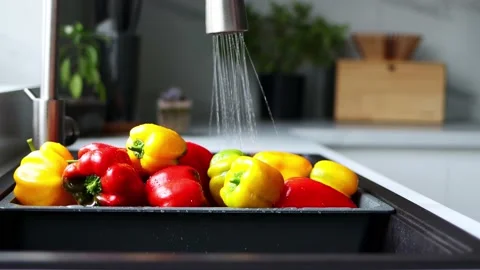 Yellow and red pepper are washed in a sp... | Stock Video | Pond5