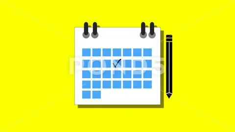 Yellow calendar icon with a check mark on a light blue background ...