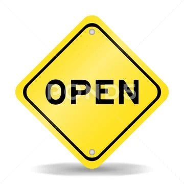 Yellow color transportation sign with word open on white background ...