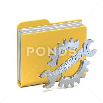 Yellow folder icon with steel gear wheels 3D Yellow folder icon with ...