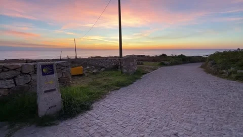 Yellow pilgrimage scallop sign and arrow... | Stock Video | Pond5