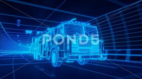 Yellow wireframe Fire Truck rides through Blue tunnel 3d rendering ...