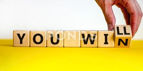 You will win symbol. Businessman turns cubes and changes words you will ...