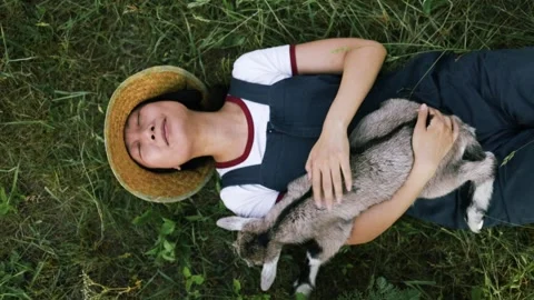 Young asian woman holding cute baby goat... | Stock Video | Pond5