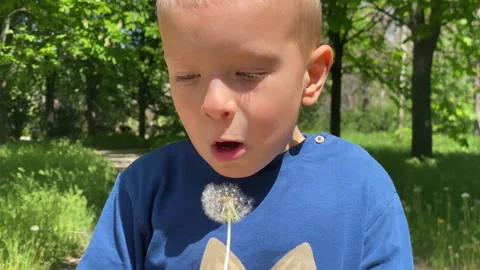 Young Boy Puts All His Energy into Blowi... | Stock Video | Pond5