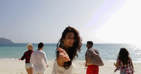 Young Girl Welcome You To Run With Happy... | Stock Video | Pond5