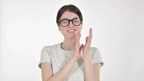 Young Woman Clapping with Hands on White... | Stock Video | Pond5