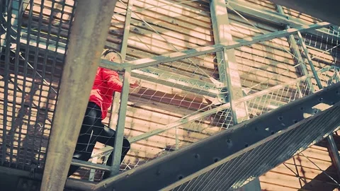 Young woman runner, jump on up the stair... | Stock Video | Pond5