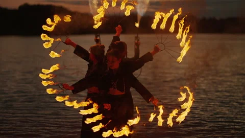 Young Women Dancing With Fire In Night, ... | Stock Video | Pond5