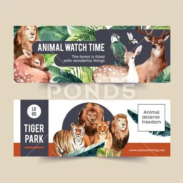Zoo banner design with tiger, lion, deer watercolor illustration ...