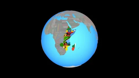 Zoom to East Africa with flags on map | Stock Video | Pond5
